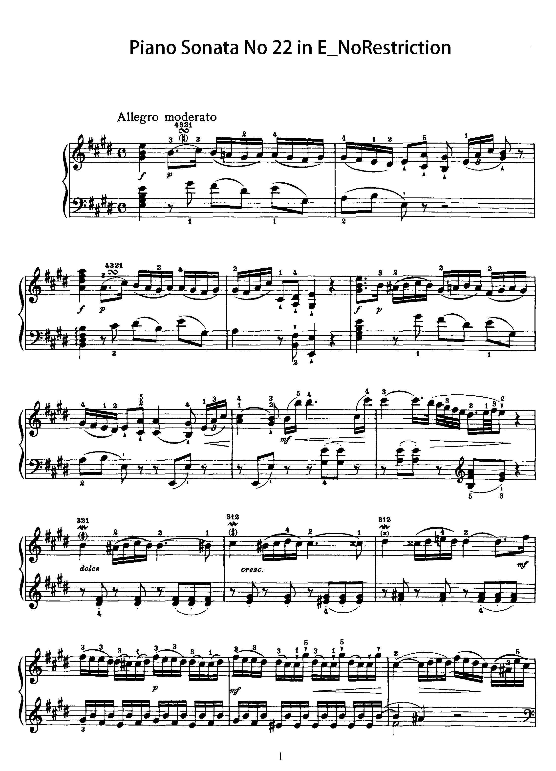 Piano Sonata No 22 In Enorestriction钢琴谱弗朗茨·约瑟夫·海顿e调古典钢琴谱五线谱独奏谱钢琴谱